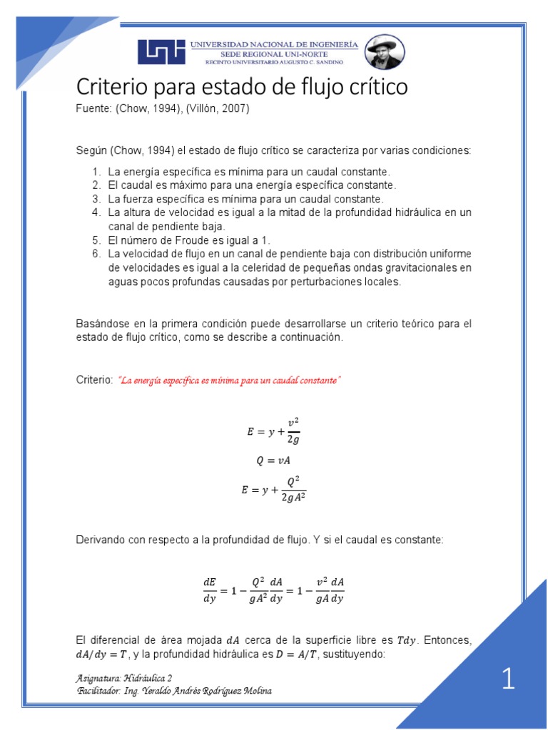 Criterios para determinar el estado de flujo crítico en canales ...