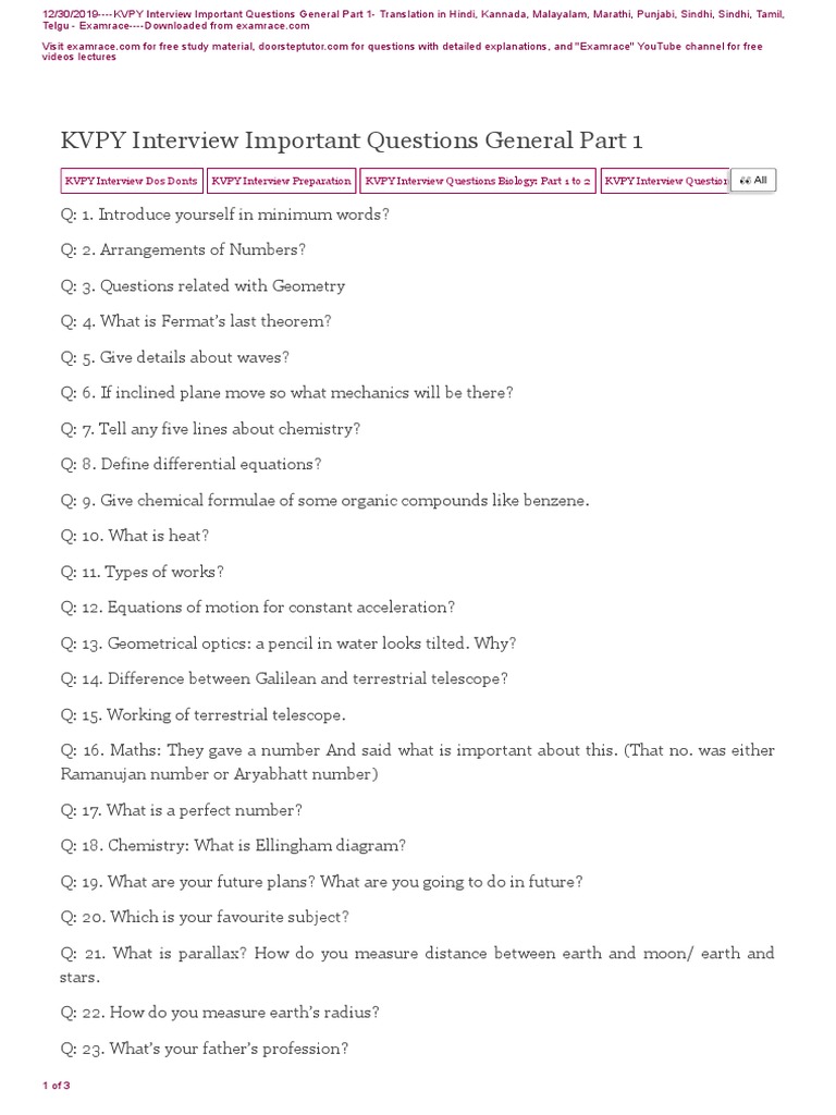 KVPY Interview Questions General Part 1 | PDF | Temperature | Gases
