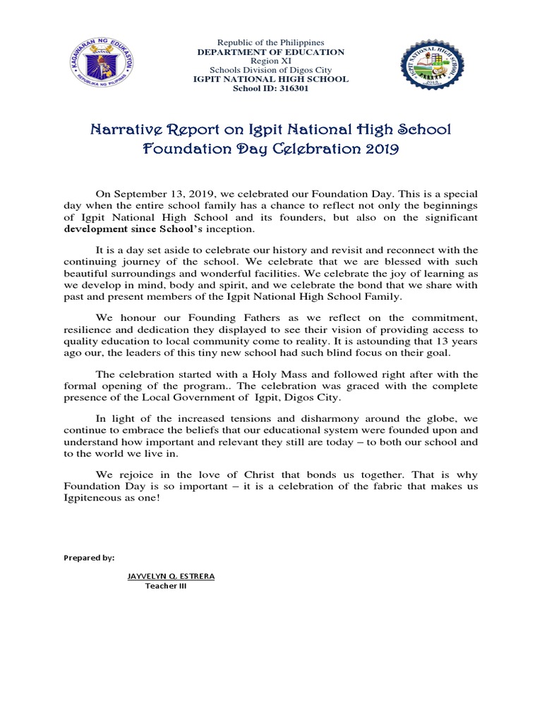 Narrative Report On Foundation Day | PDF | International Labour ...