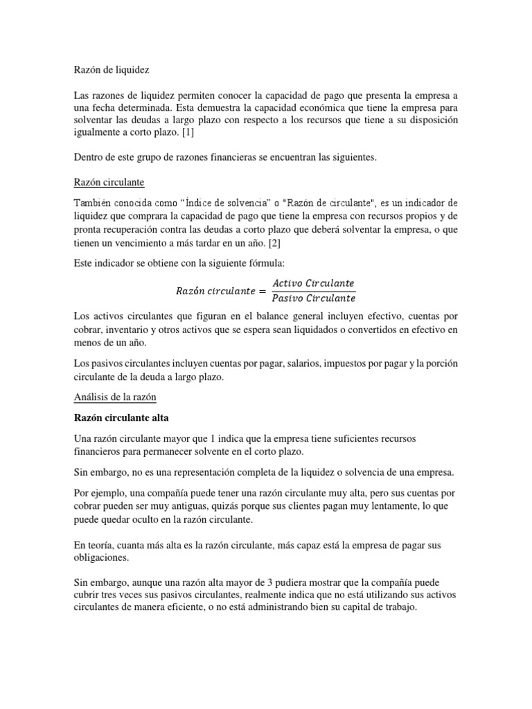 Razón Circulante | PDF | Liquidez de mercado | Capital de trabajo