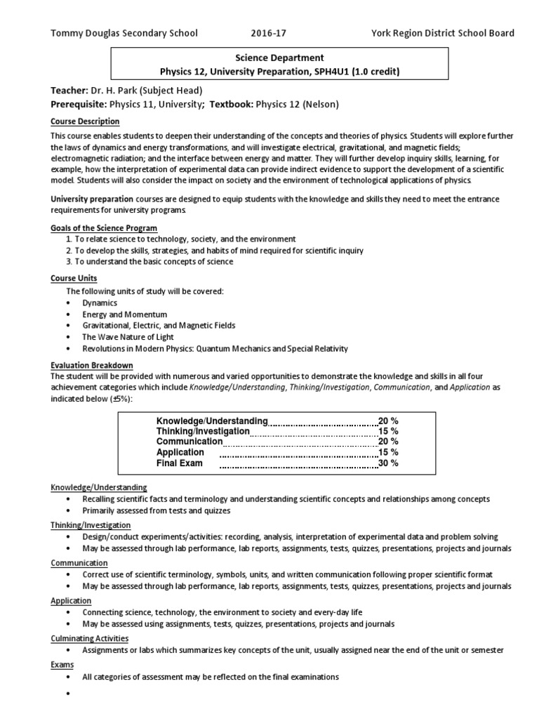 SPH4U Course Outline | PDF | Physics | Science