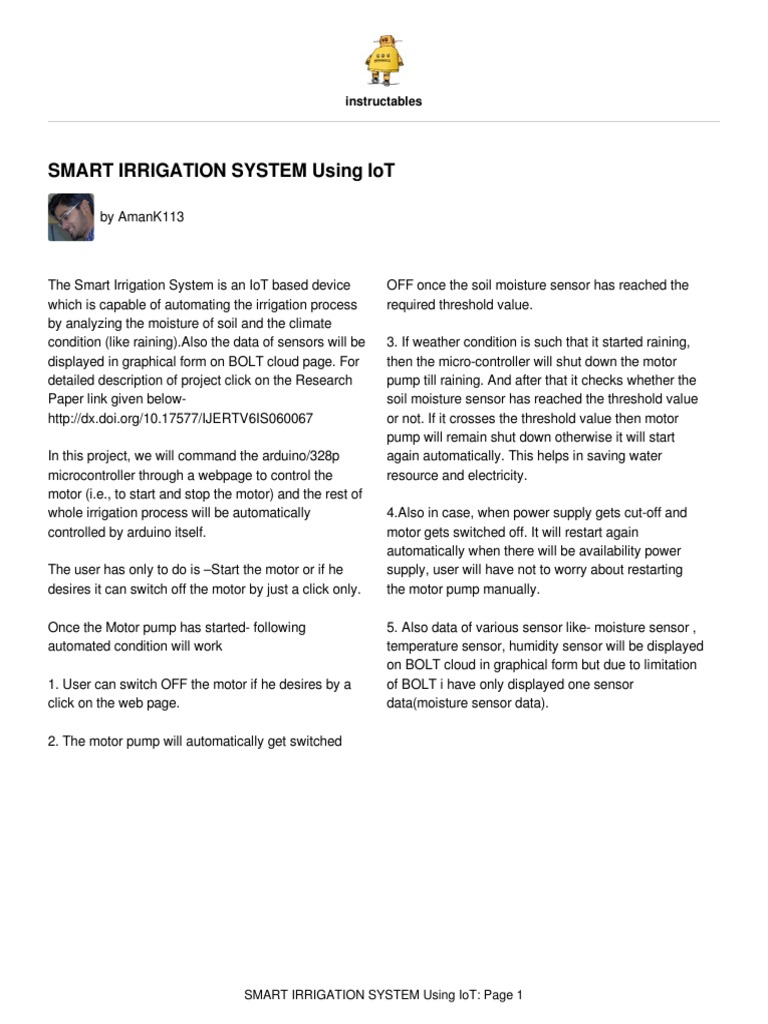 SMART IRRIGATION SYSTEM Using IoT PDF | PDF | Arduino | Internet Of Things