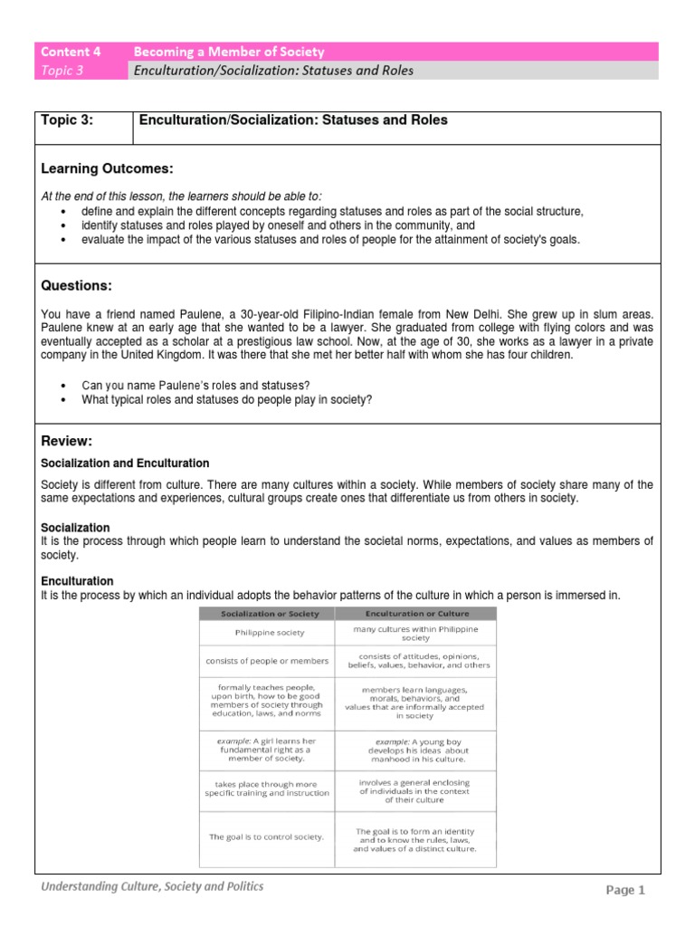 Understanding Statuses and Roles in Society | PDF | Socialization | Society