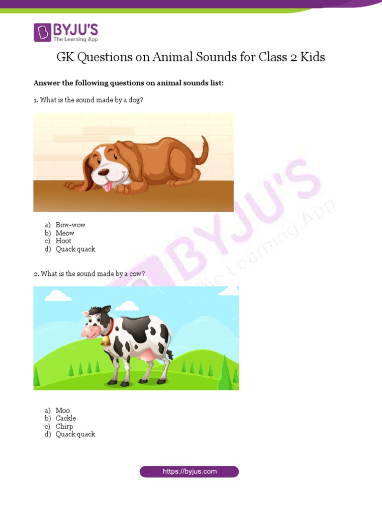 GK Questions On Animal Sounds For Class 2 Kids | PDF