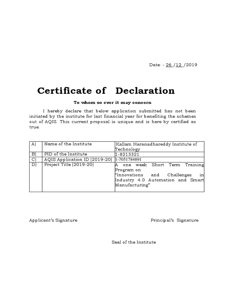 AQIS Sample Declaration Certificate | PDF