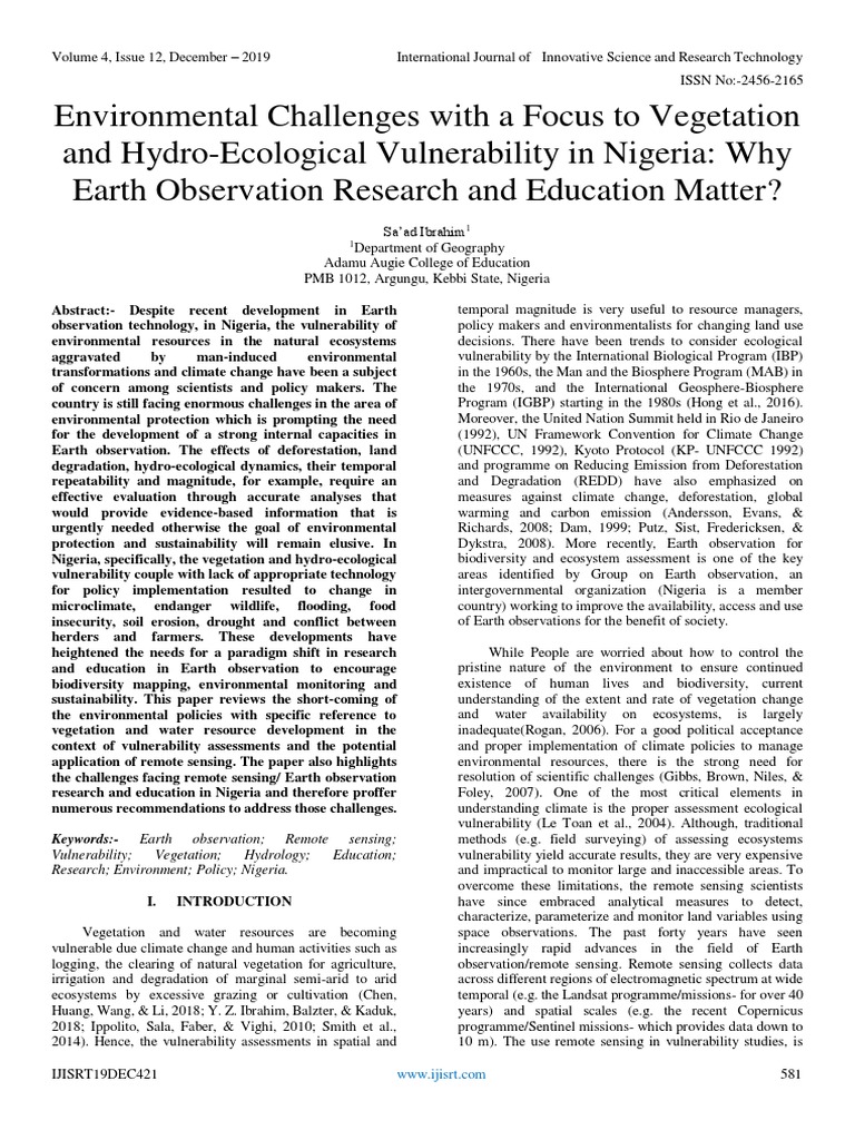 Environmental Challenges With A Focus To Vegetation and Hydro ...