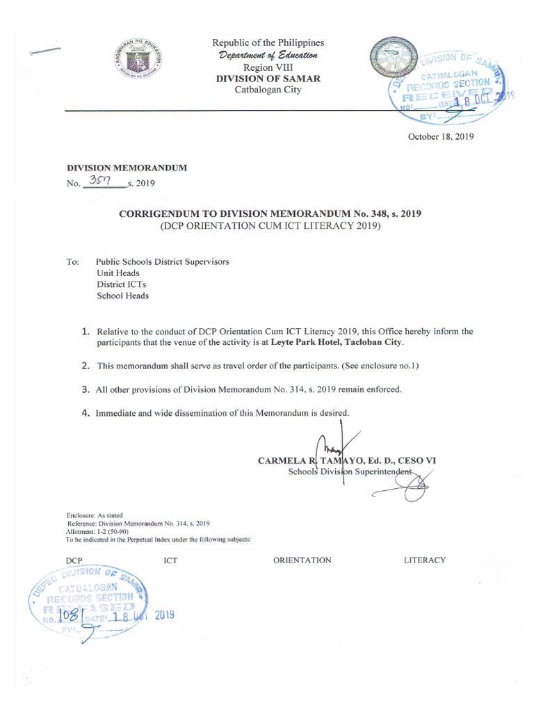 Division Memorandum No. 357, s.2019 Corrigendum To Division Memorandum ...
