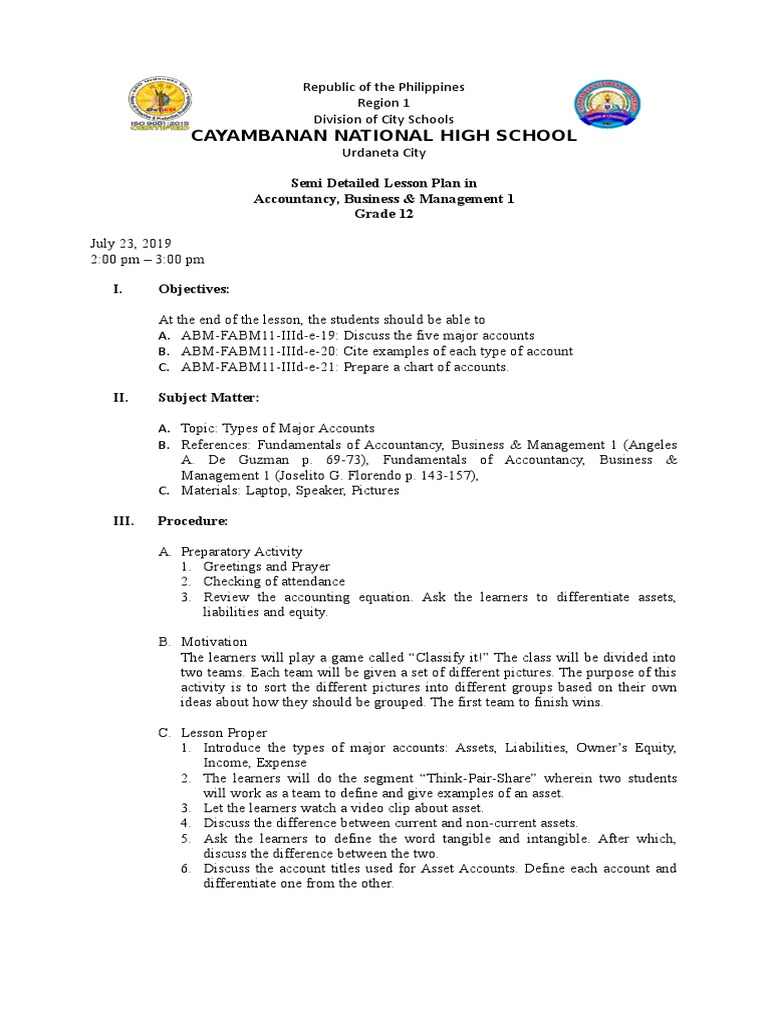 Accounting Types of Major Accounts Lesson Plan | PDF | Equity (Finance ...