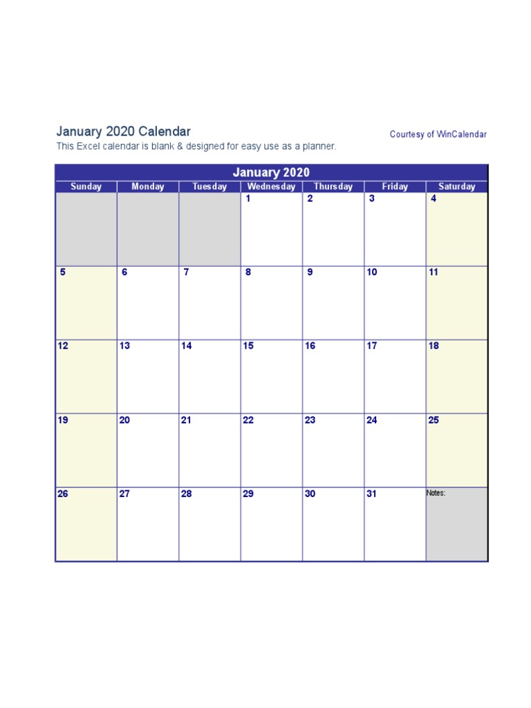 January 2020 Excel Calendar Template | PDF | Sports