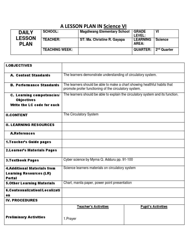 A LESSON PLAN IN SCIENCE 6 CIRCULATORY SYSTEM Part2 | PDF | Blood ...