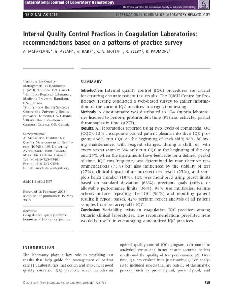 Internal Quality Control Practices in Coagulation Laboratories | PDF ...