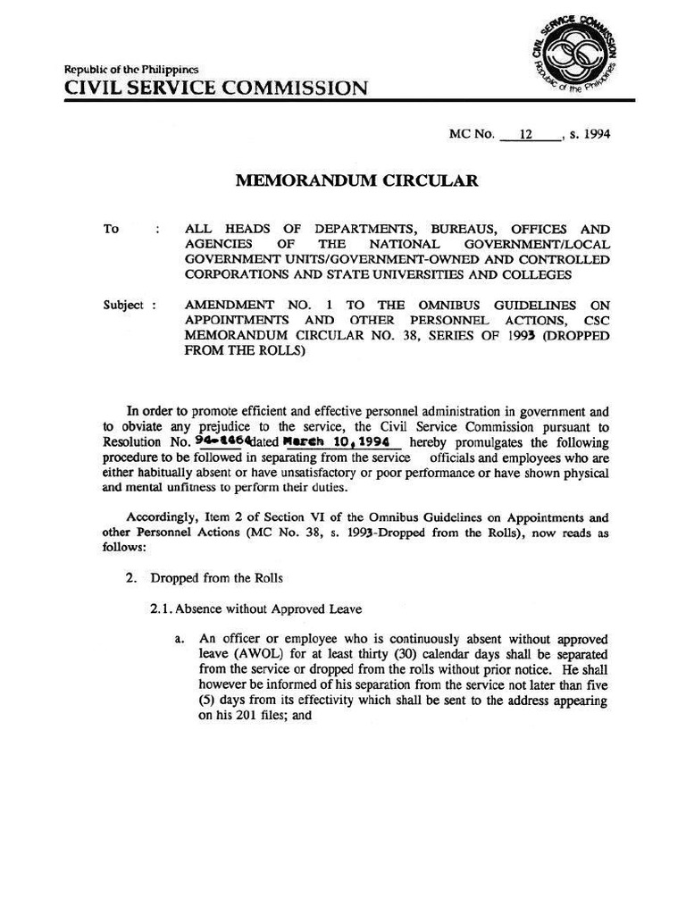 CSC MC No. 12, s-1994 (Amend MC No. 38-1993 Dropped From The Rolls) PDF ...