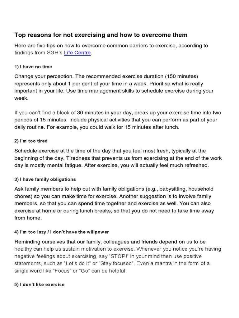 Top Reasons For Not Exercising and How To Overcome Them | PDF | Weight ...