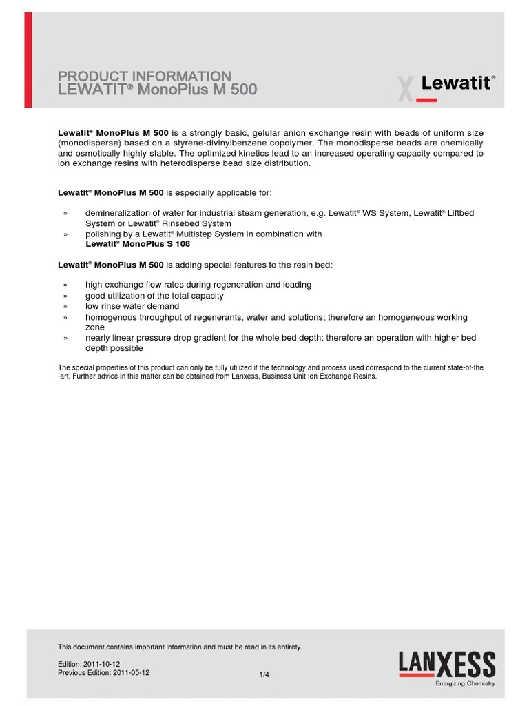 Lewatit MonoPlus M 500 L | PDF | Ion Exchange | Water