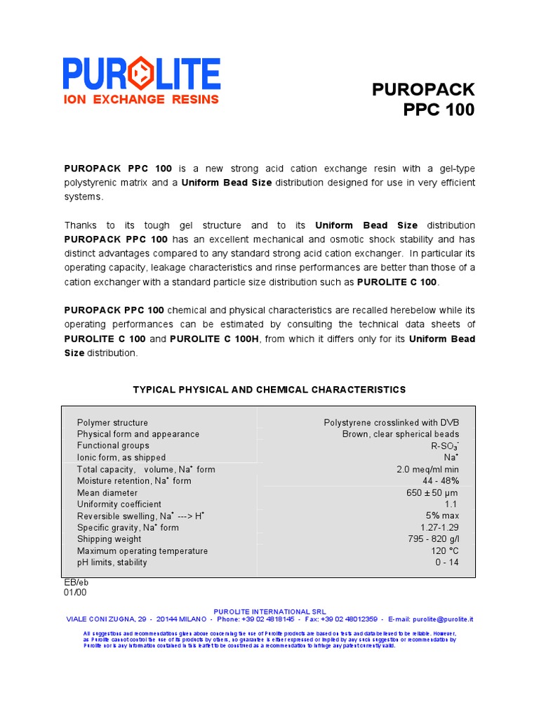 PPC100 - Cation - Strong Acid Cation Exchanger | PDF | Ion Exchange | Ion