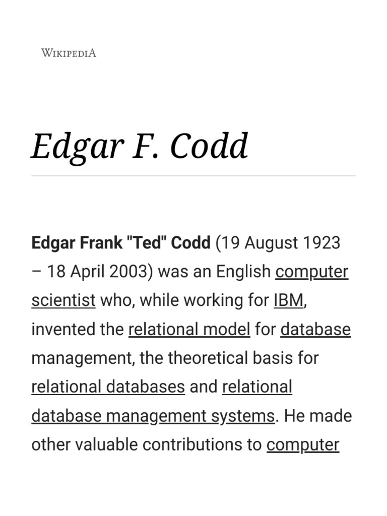 Edgar F. Codd - Wikipedia PDF | PDF | Information Technology Management ...