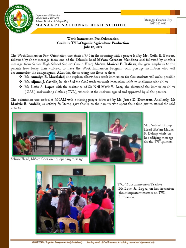 Work Immersion Pre-Orientation | PDF | Teaching | Psychological Concepts