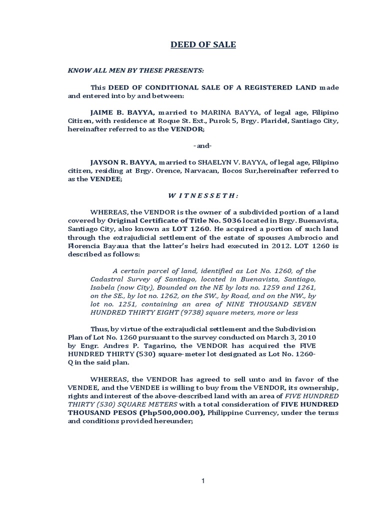 Deed of Conditional Sale for Lot 1260 | PDF | Real Property | Law And ...