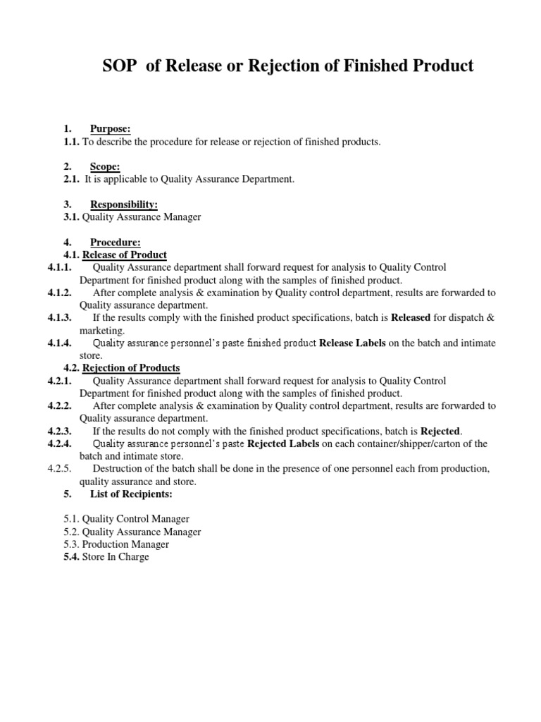 SOP of Release or Rejection of Finished Product | PDF