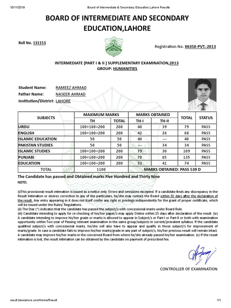 Board of Intermediate & Secondary Education, Lahore Results | PDF ...