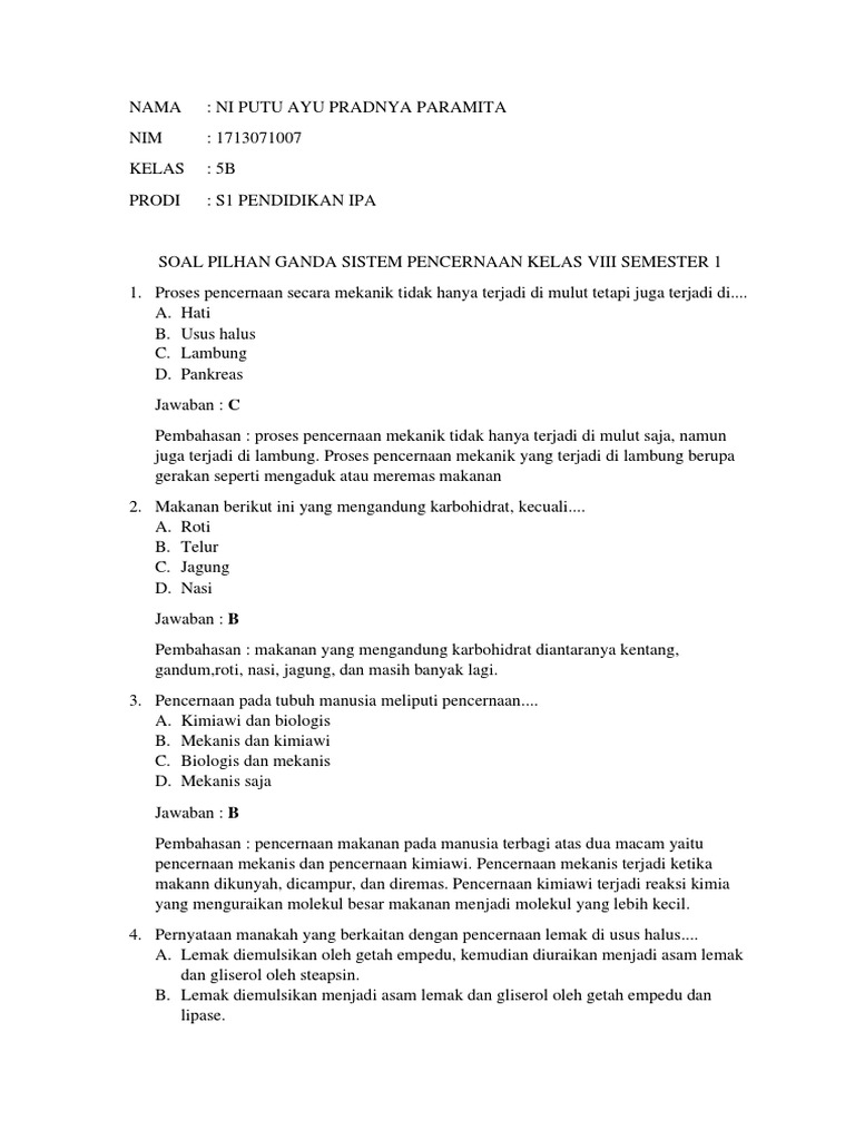 Soal Pilihan Ganda Sistem Pencernaan Manusia | PDF