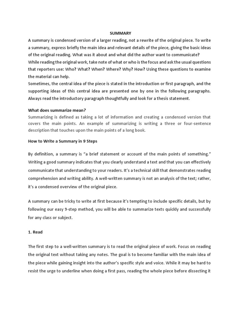 Summary Writing | PDF | Reading Comprehension | Semiotics