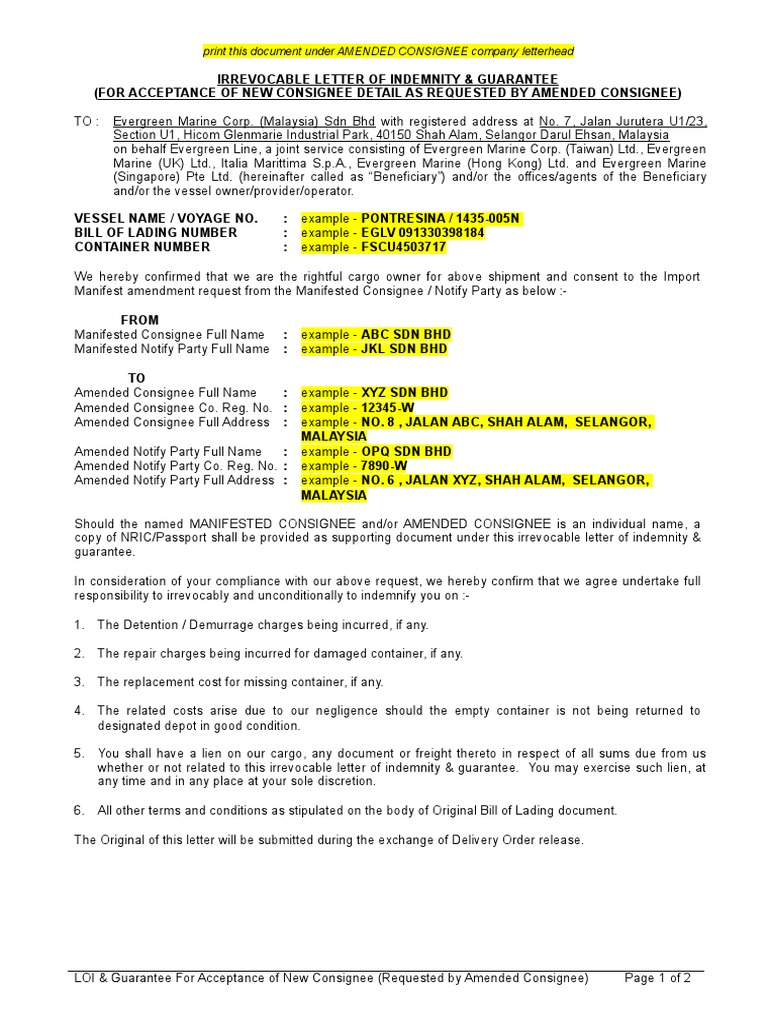 LOI and Guarantee For Acceptance of New Consignee Detail As Requested ...