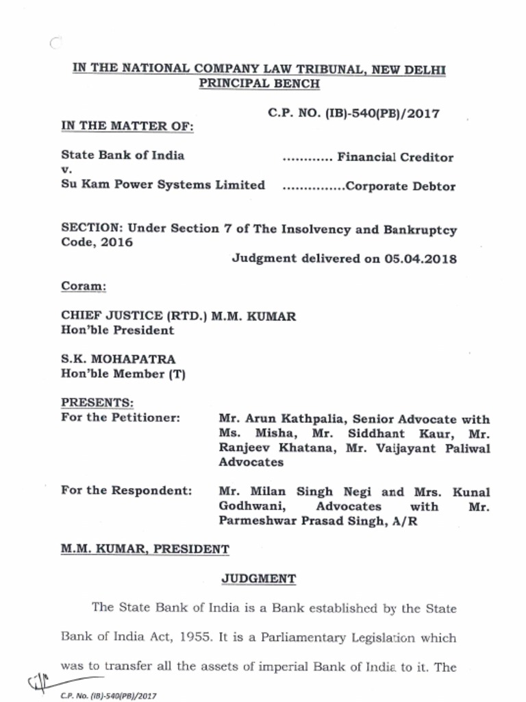 SBI v. Sukam Power + NCLT Delhi | PDF