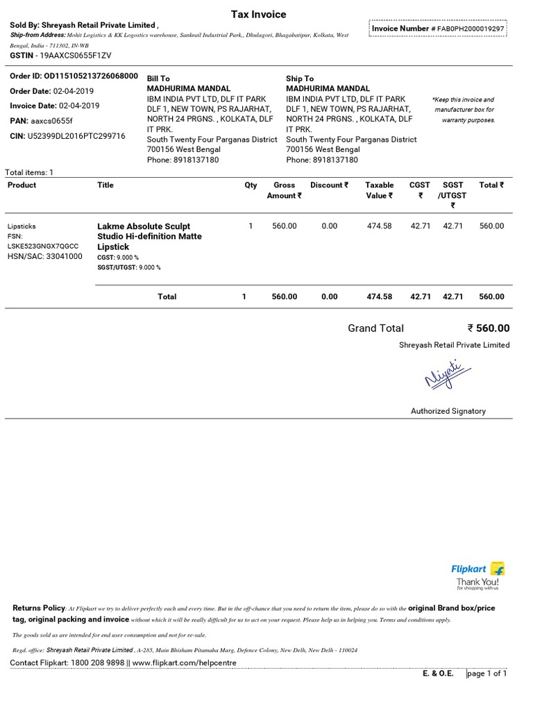 Flipkart - Invoice OD115105213726068000 | PDF | Taxes | Business