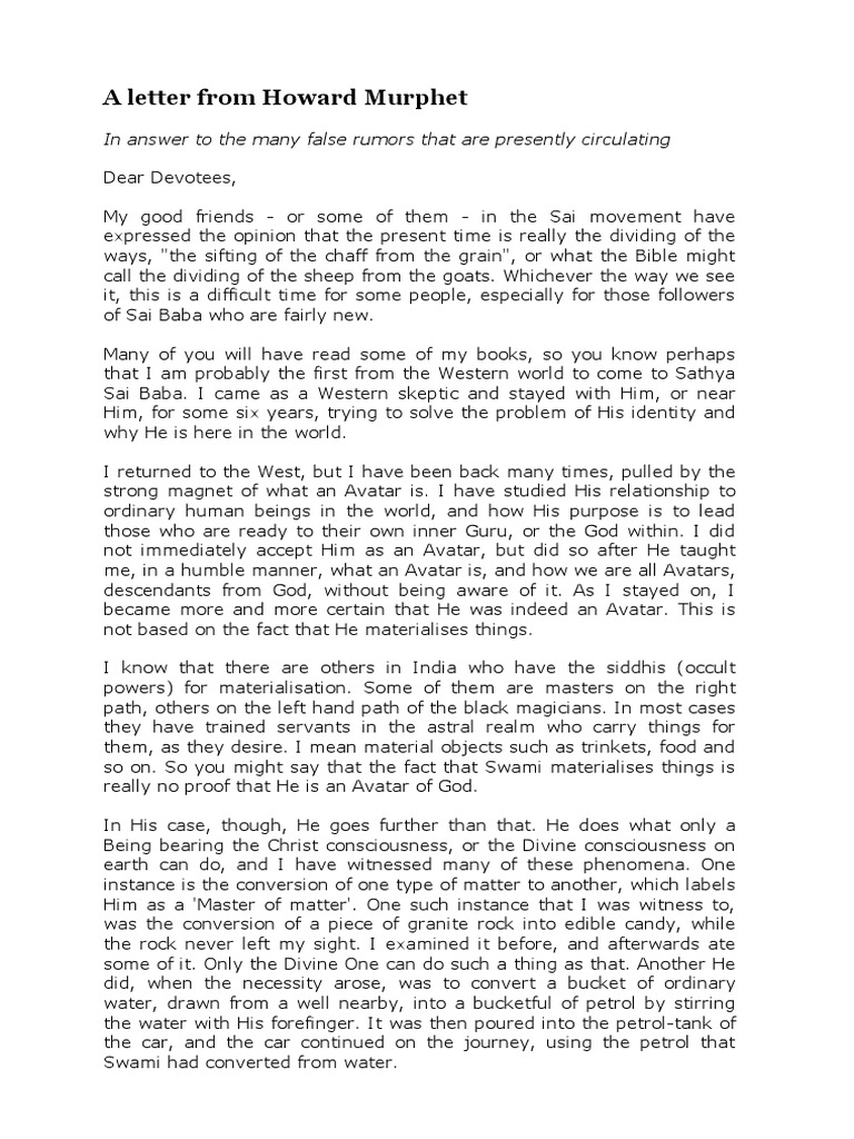 A Letter From Howard Murphet | PDF | Ascended Master | Sathya Sai Baba