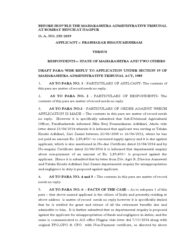 Para-wise Reply in MAT Case 255/2019 | PDF | Government | Justice