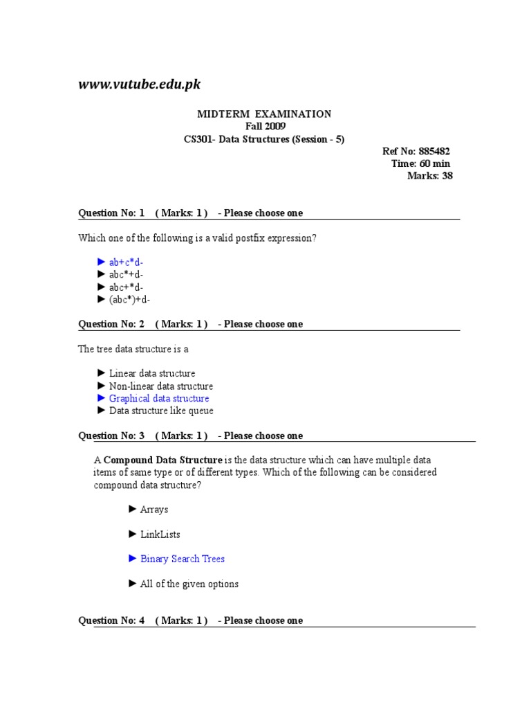 2data Structures Cs301 Fall 2009 Mid Term Paper Pdf Array Data Structure Pointer 