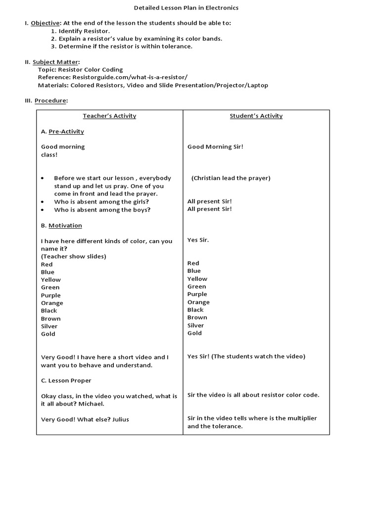 Detailed Lesson Plan in Electronics | PDF | Resistor | Engineering ...