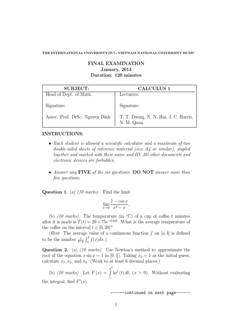 2013 2014 Cal1 Final S1 Jan PDF | PDF | Integral | Area