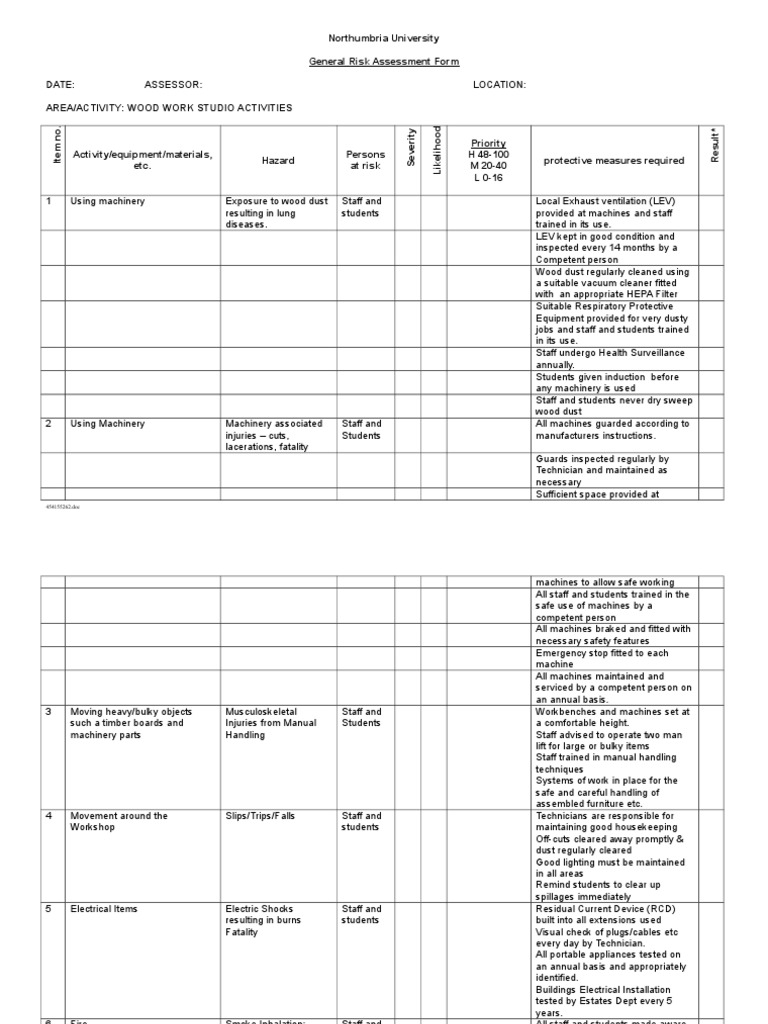 Example Ra Woodwork Risk Assessment | PDF | Dust | Prevention