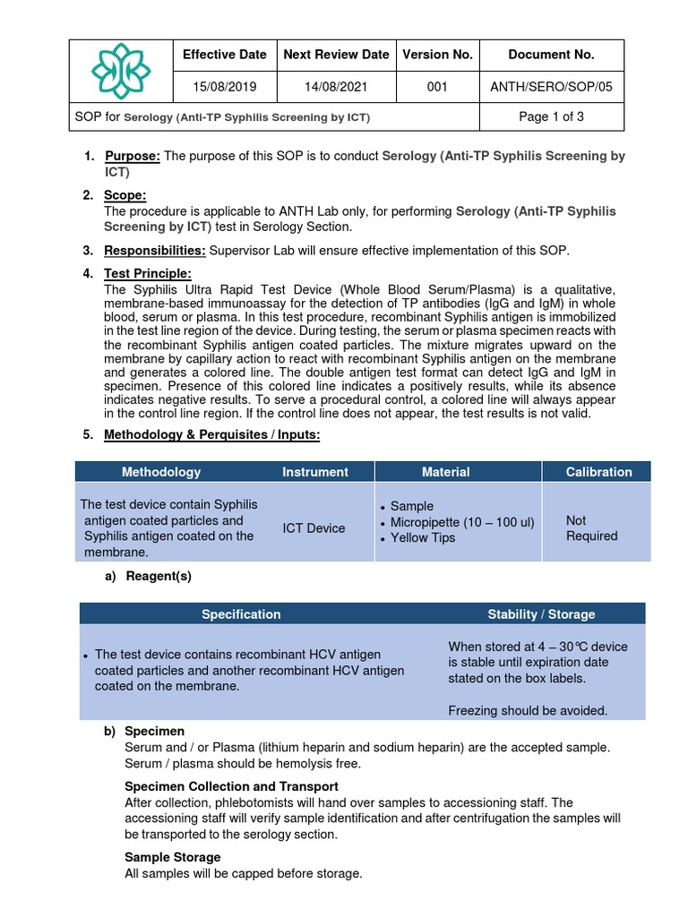SOP For Anti Syphilis TP ICT | PDF | Elisa | Blood Plasma