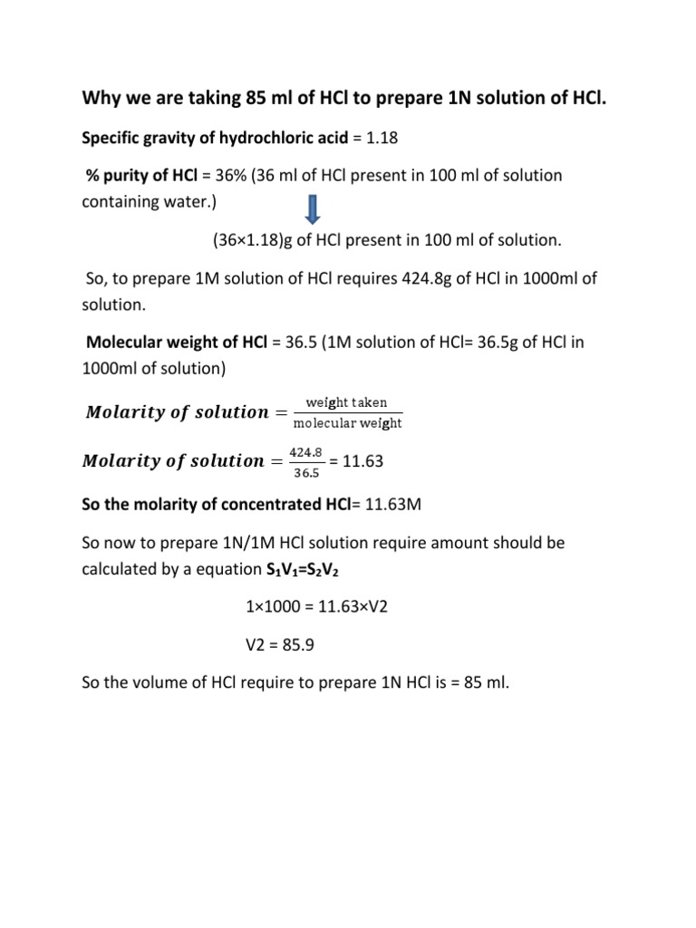 Why We Take 85ml of HCL To Prepare 1N Solution of HCL | PDF