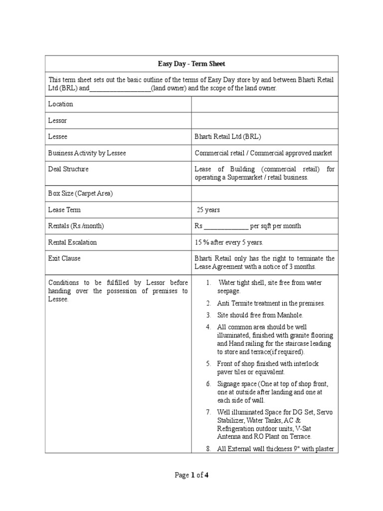 Easy Day Store Lease Term Sheet | PDF | Lease | Wall