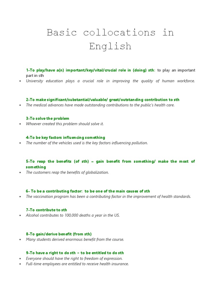 Basic English Collocations Explained | PDF | Health Care | Business