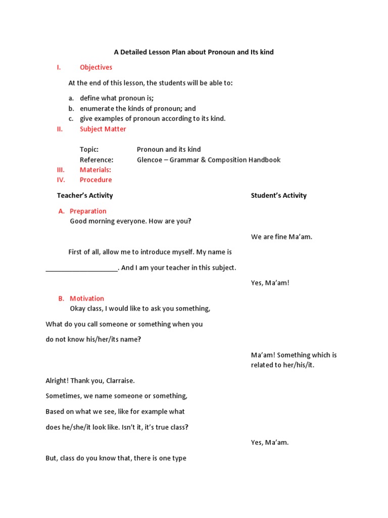 A Detailed Lesson Plan About Pronoun and Its Kind | PDF | Pronoun ...