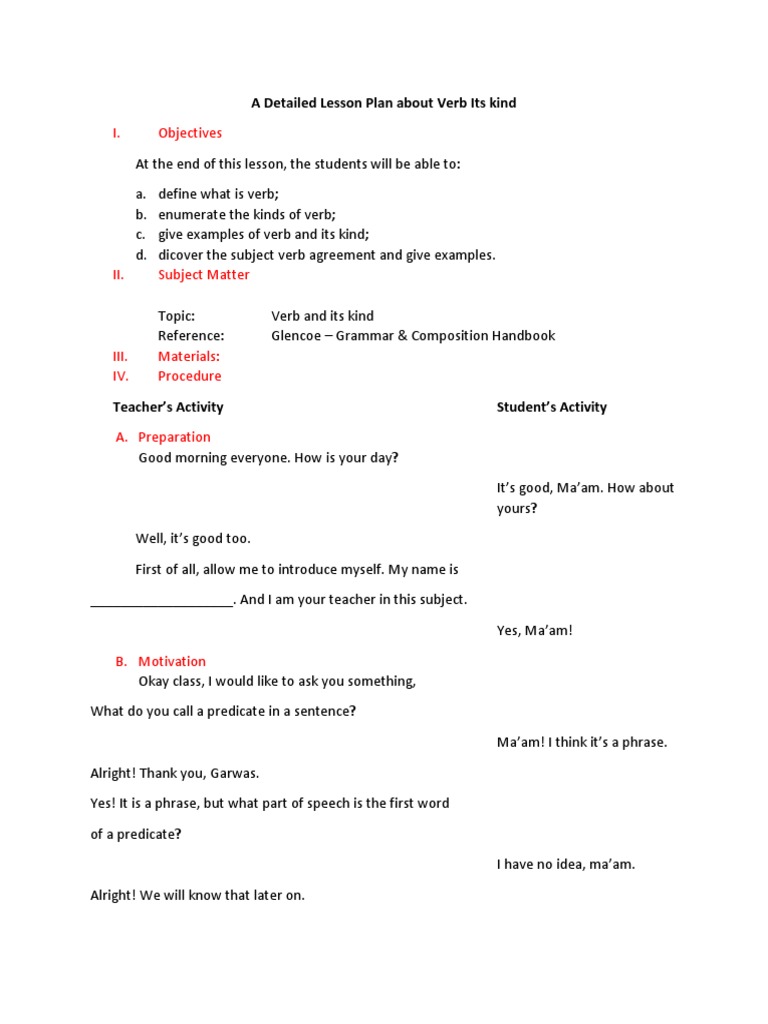 A Detailed Lesson Plan About Verb and Its Kind | PDF | Grammatical ...
