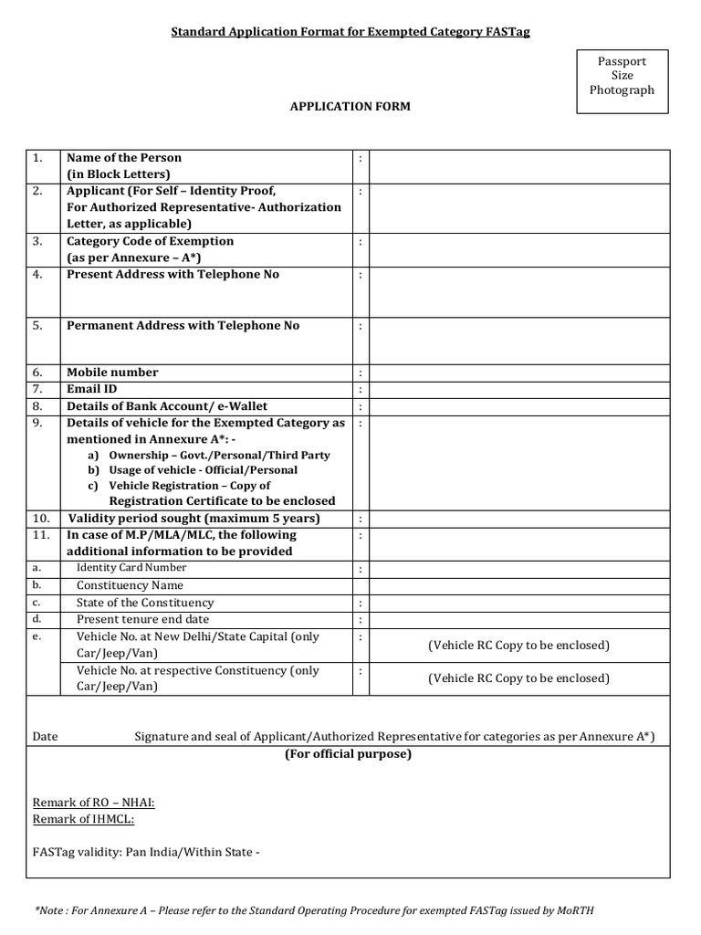 FASTag Exemption Form | PDF | Identity Document | Document