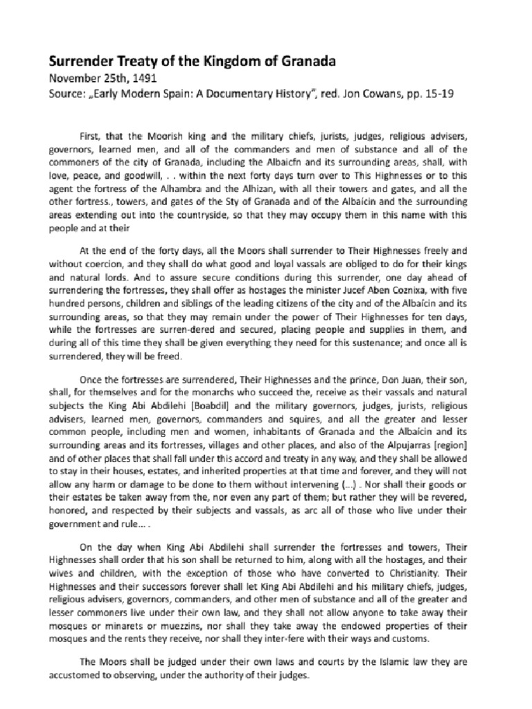 Surrender Treaty of The Kingdom of Granada | PDF