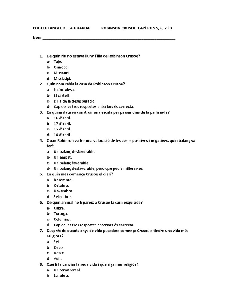 Examen Test Robinson Crusoe | PDF