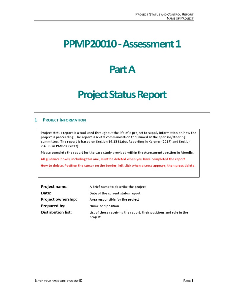 PPMP20010 Assessment 1 - Project Status and Control Reports - Template | PDF | Business