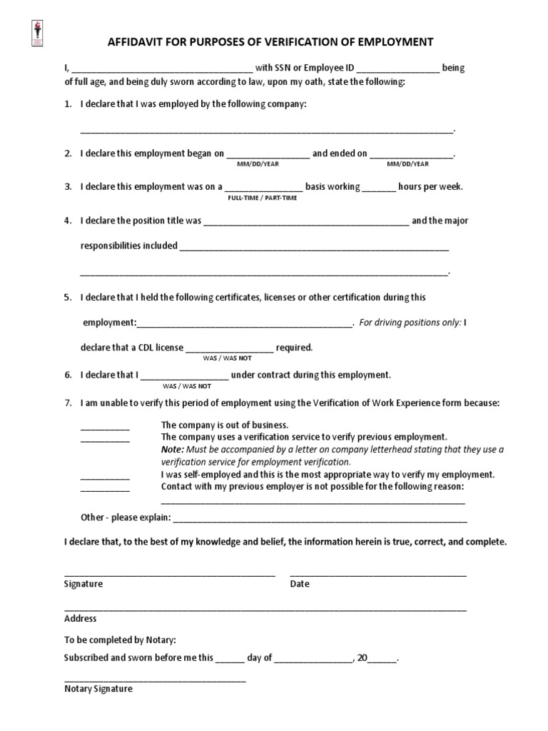 Affidavit For Verification of Employment 11-15 | Download Free PDF ...
