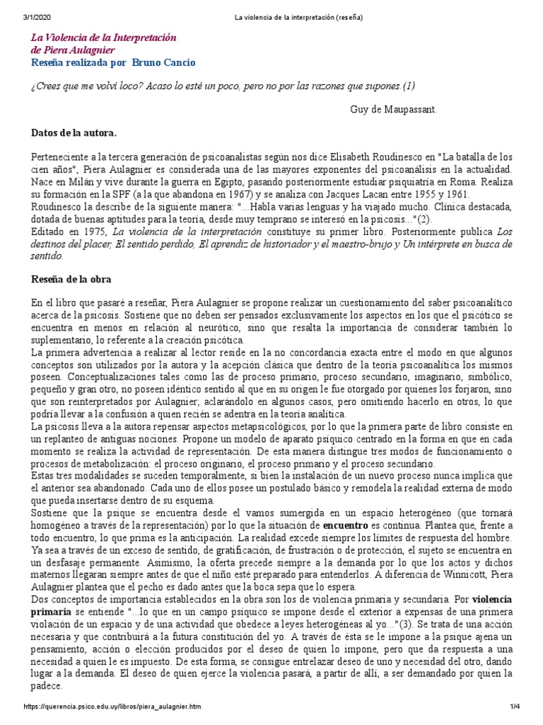 La Violencia de La Interpretación de Piera AulagnierReseña Realizada ...