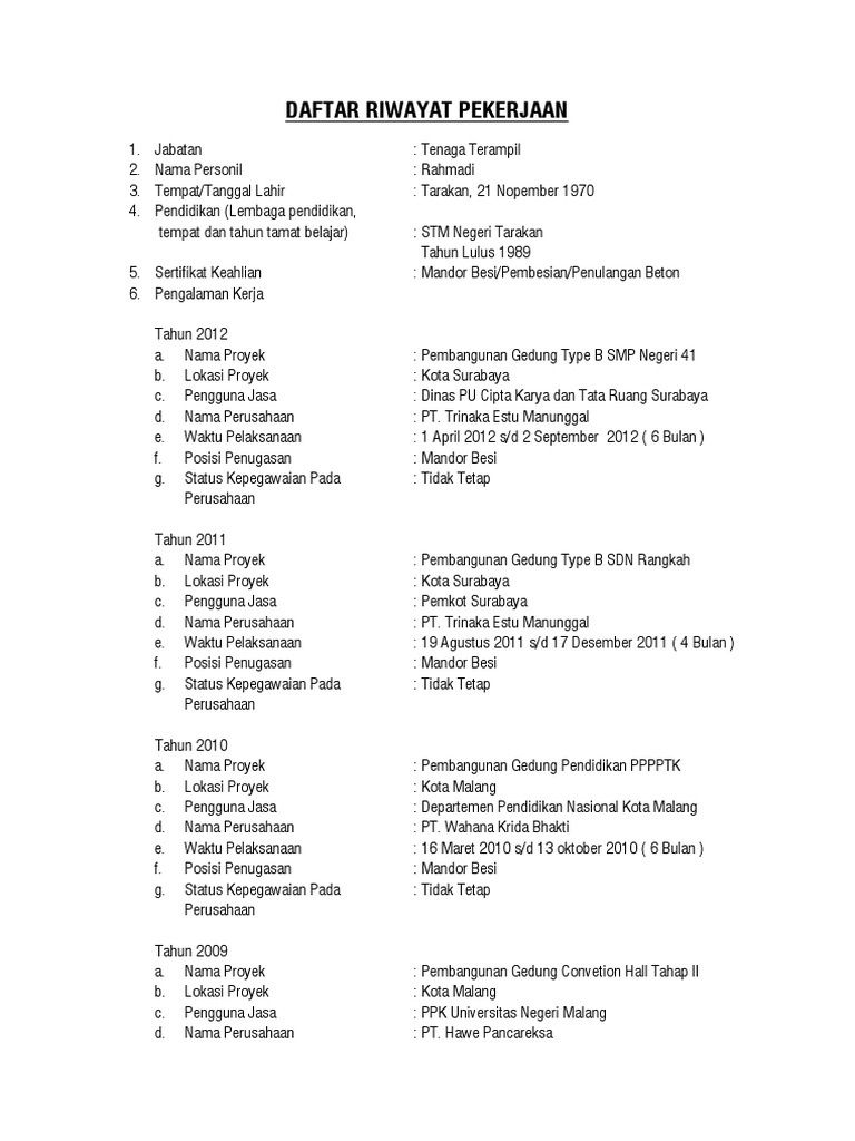 Contoh Curriculum Vitae Personil Inti | PDF