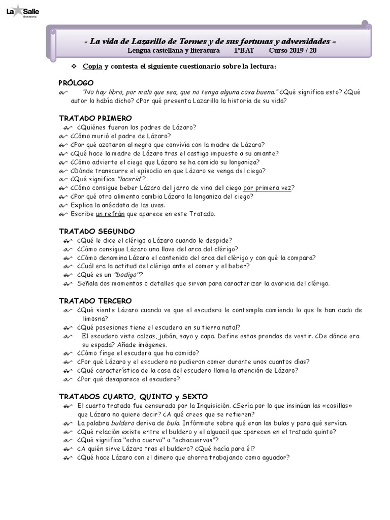Lazarillo de tormes, preguntas para preparar el examen