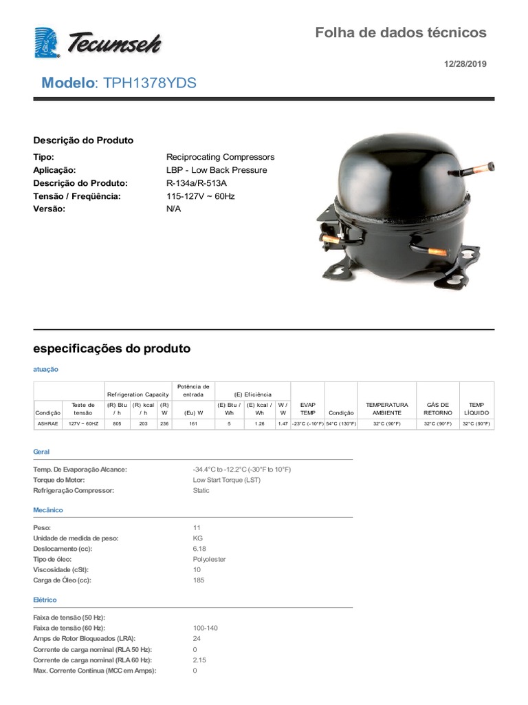 Especificações do Compressor TPH1378YDS | PDF | Força | Quantidade